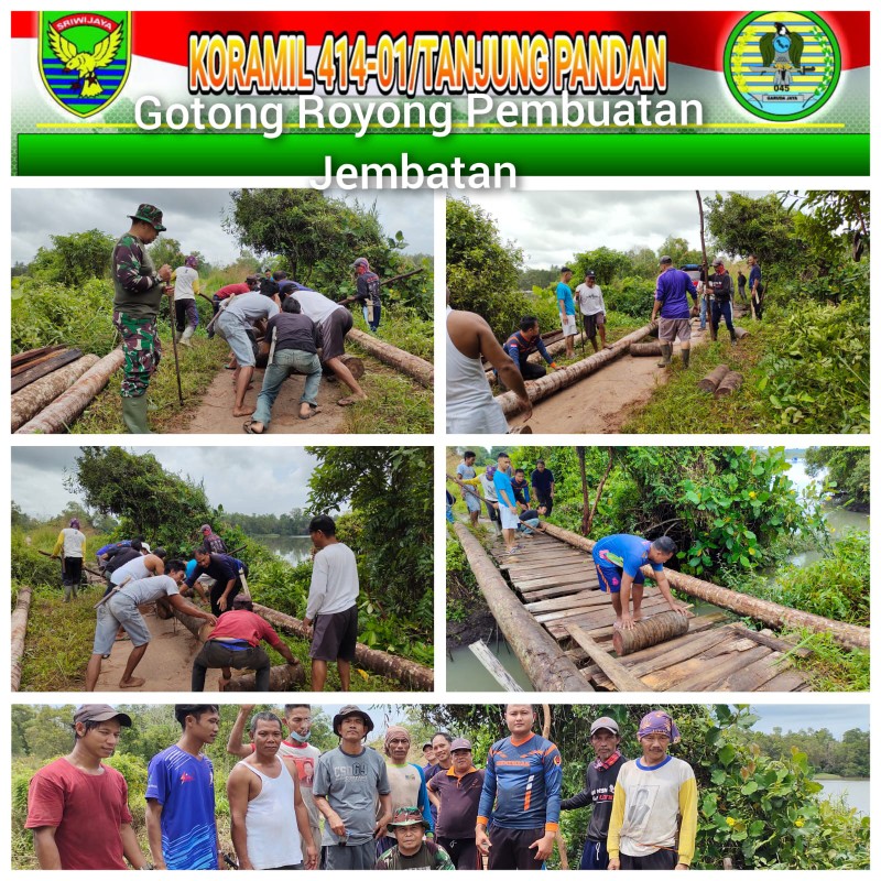 Babinsa Air Saga Bersama Warga Gotong Royong Bangun Jembatan